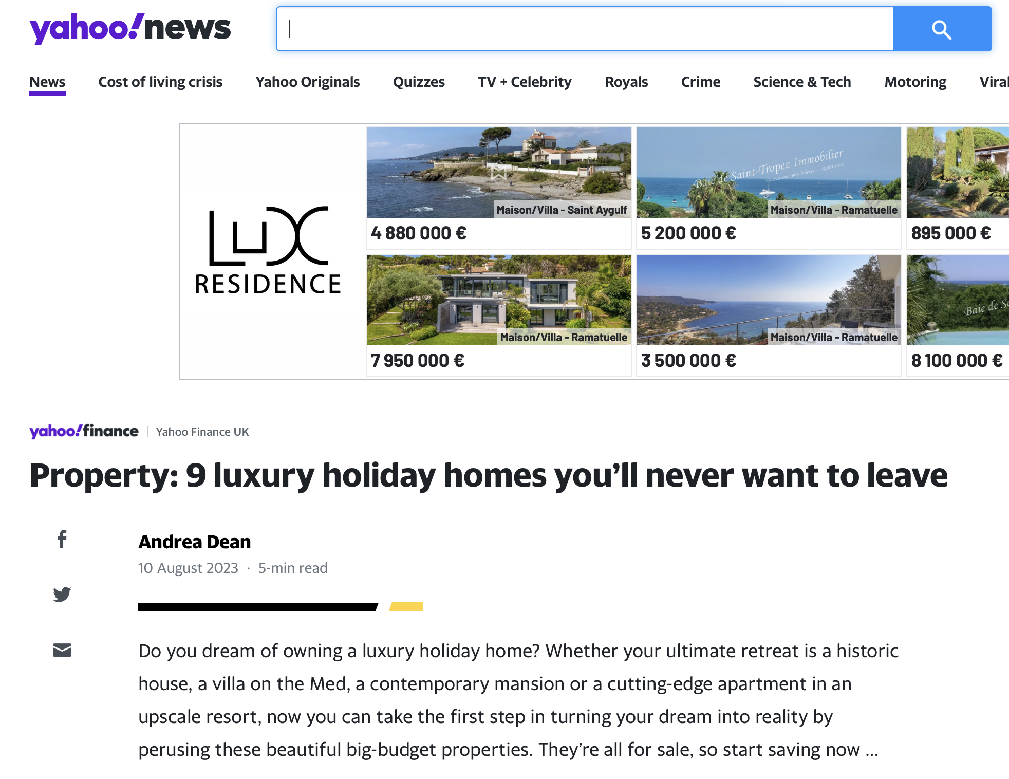 Yahoo - Luxury Holiday Homes - HomeHunts